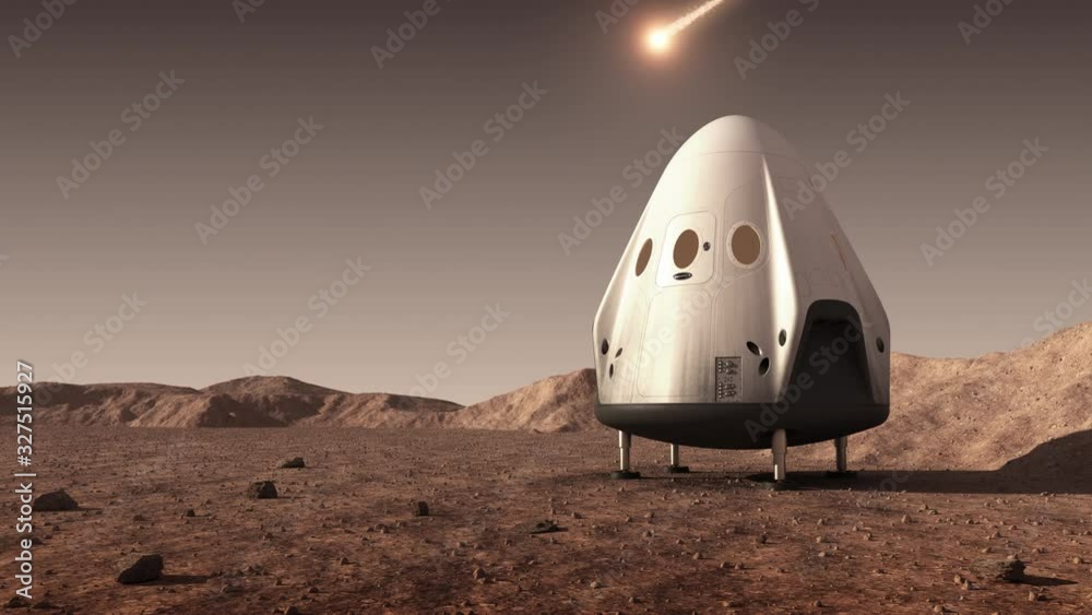 Descent Module Of Commercial Spacecraft On Surface Of Planet Mars. 4K ...
