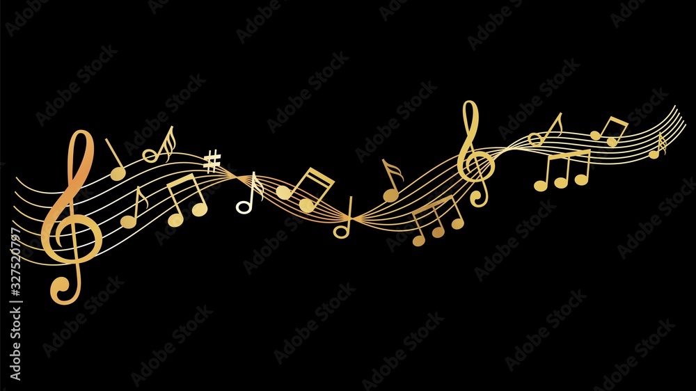 Musical wave. Gold music notes background. Sound vector illustration ...