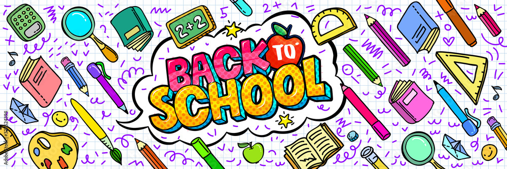 Concept of education. School background with hand drawn school supplies ...