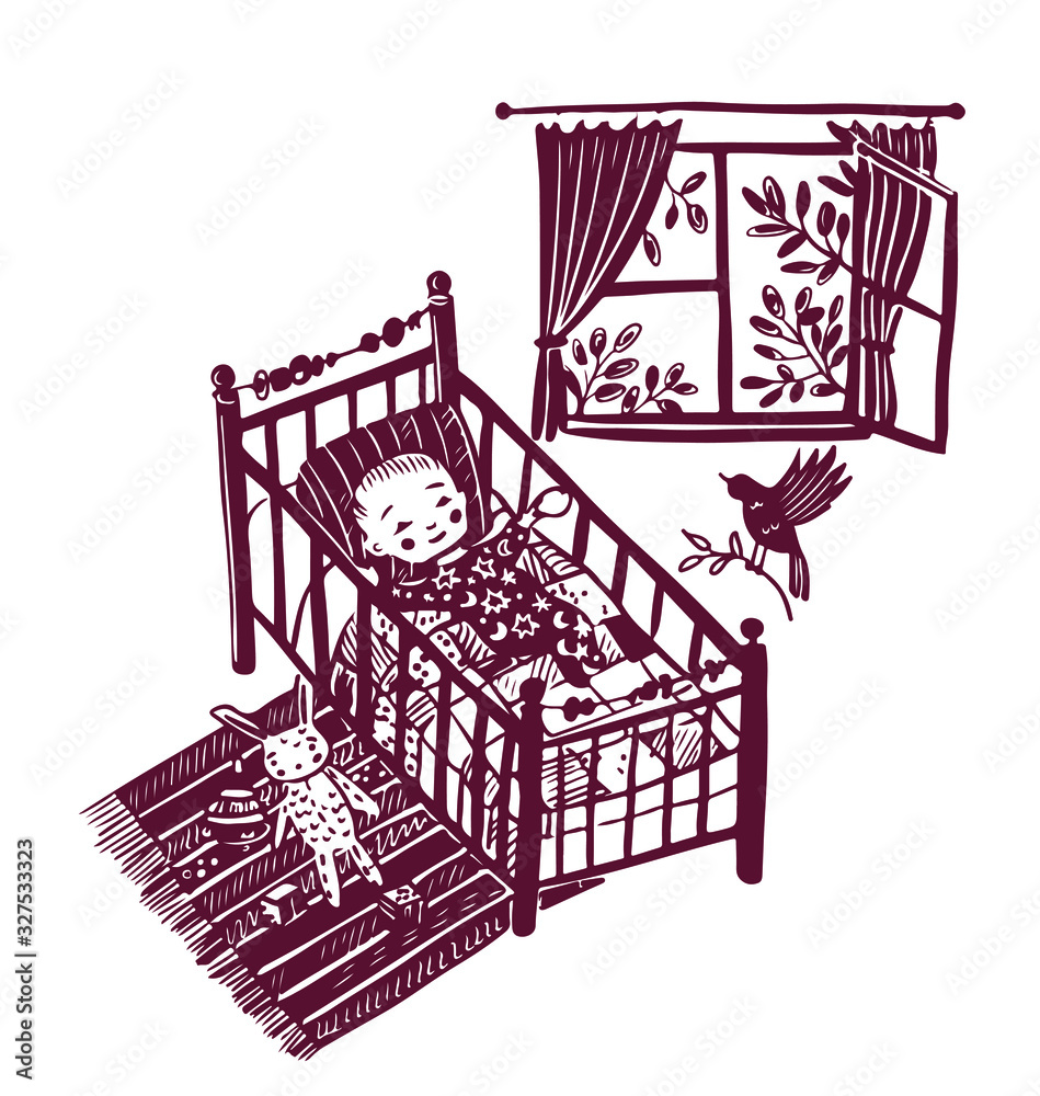 drawing picture, newborn baby lies in the crib, in his children's room ...