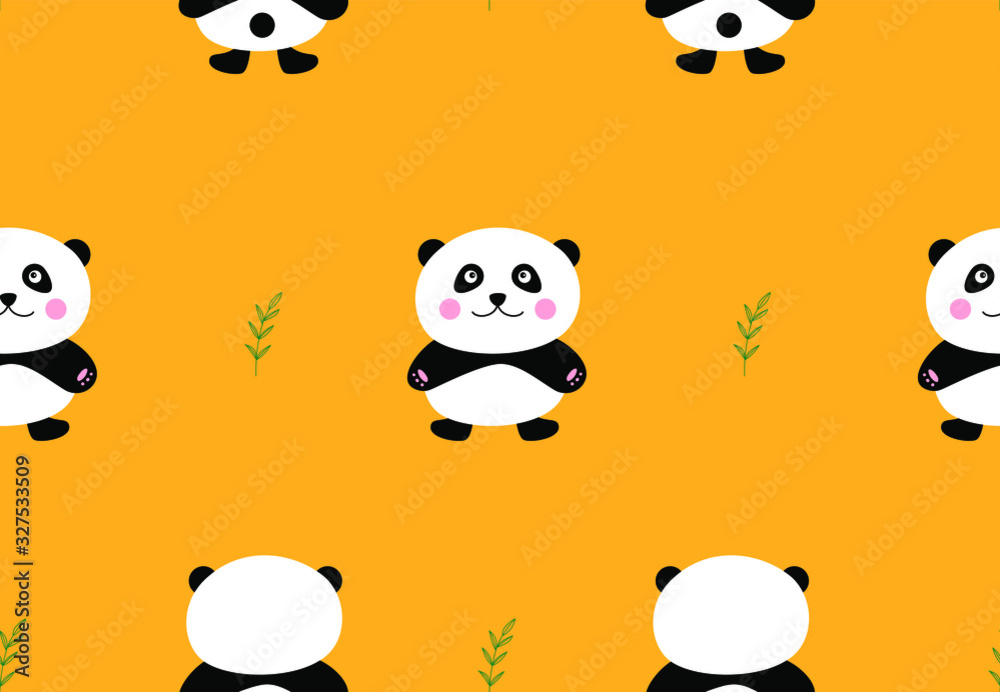 Seamless pattern of panda with leaves in cartoon style on yellow ...