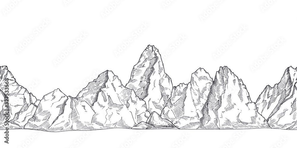 Mountain range. Outline nature drawing, pencil sketch rocky peaks ...