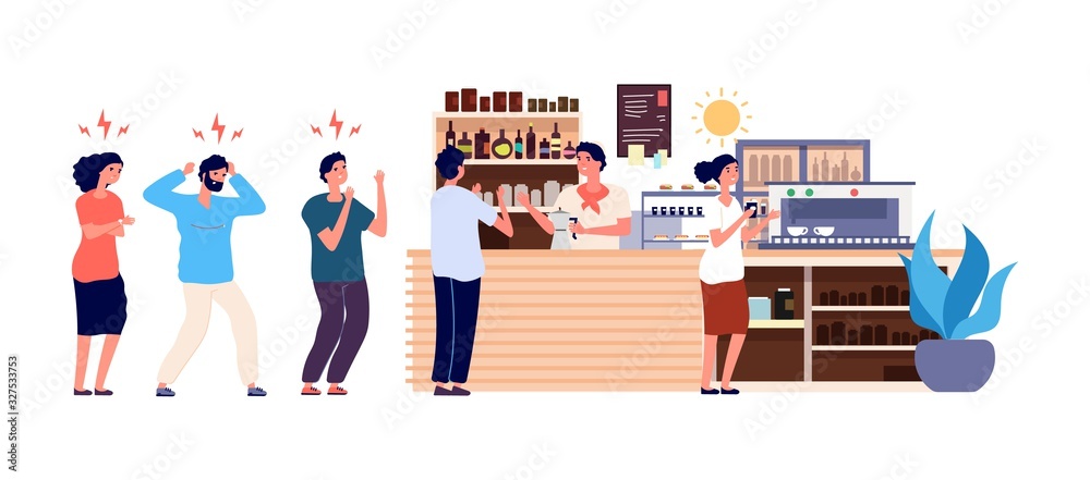 Morning coffee. People queue in cafe. Angry and happy office workers ...