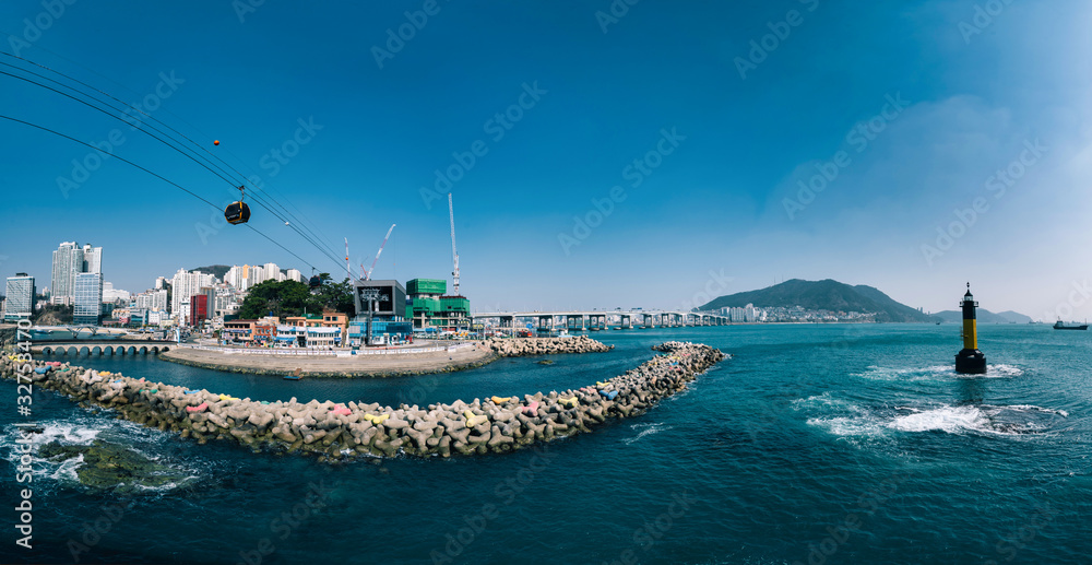 Busan city with Haeundae beach in Busan, South Gyeongsang Province ...