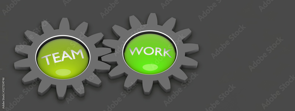 green TEAM WORK CONCEPT WITH GEAR, WALLPAPER GREY BACKGROUND Stock ...