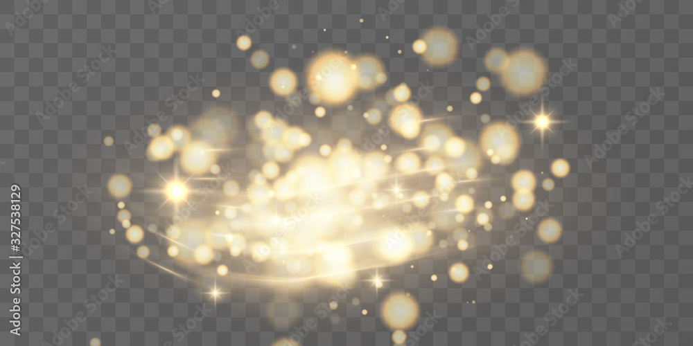 Golden particles glow light effect. Glowing yellow powder splash ...