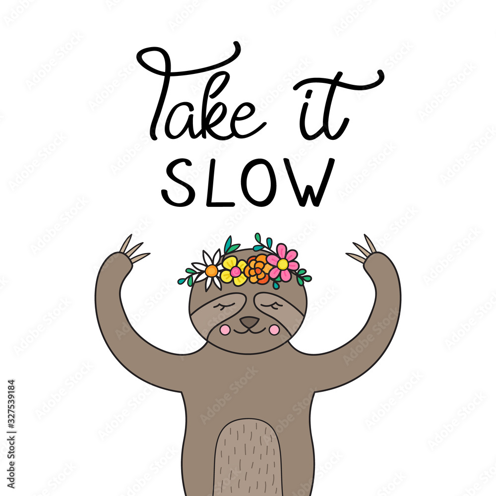 Take it slow, cute sloth vector illustration. Hand drawn outlined sloth ...