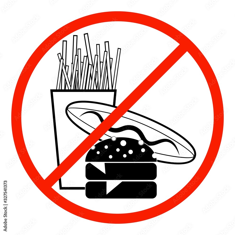 No food and drink sign. Silhouette hamburger in red circle. Sign no ...