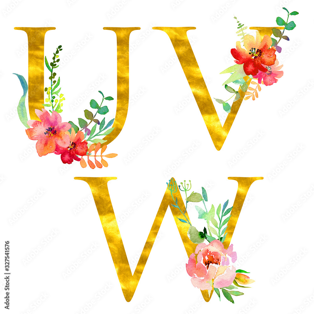 Golden classical form letters U, V, W decorated with watercolor flowers ...