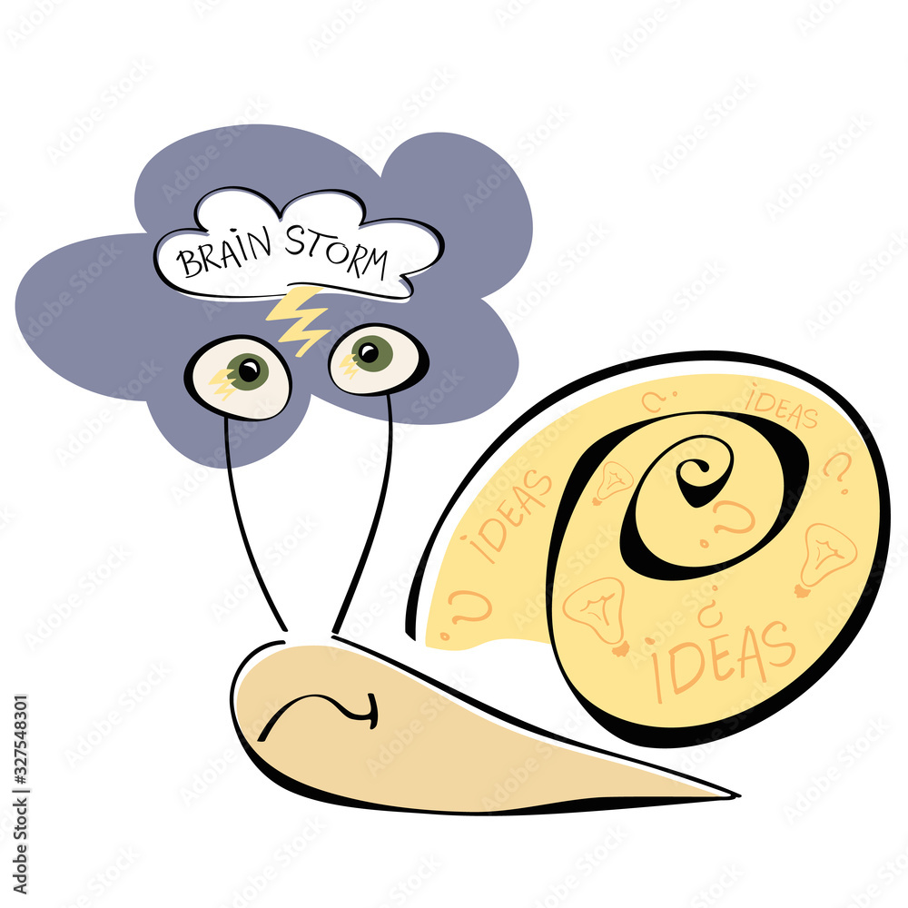 Slow brainstorming snail generating ideas under a big cloud with ...