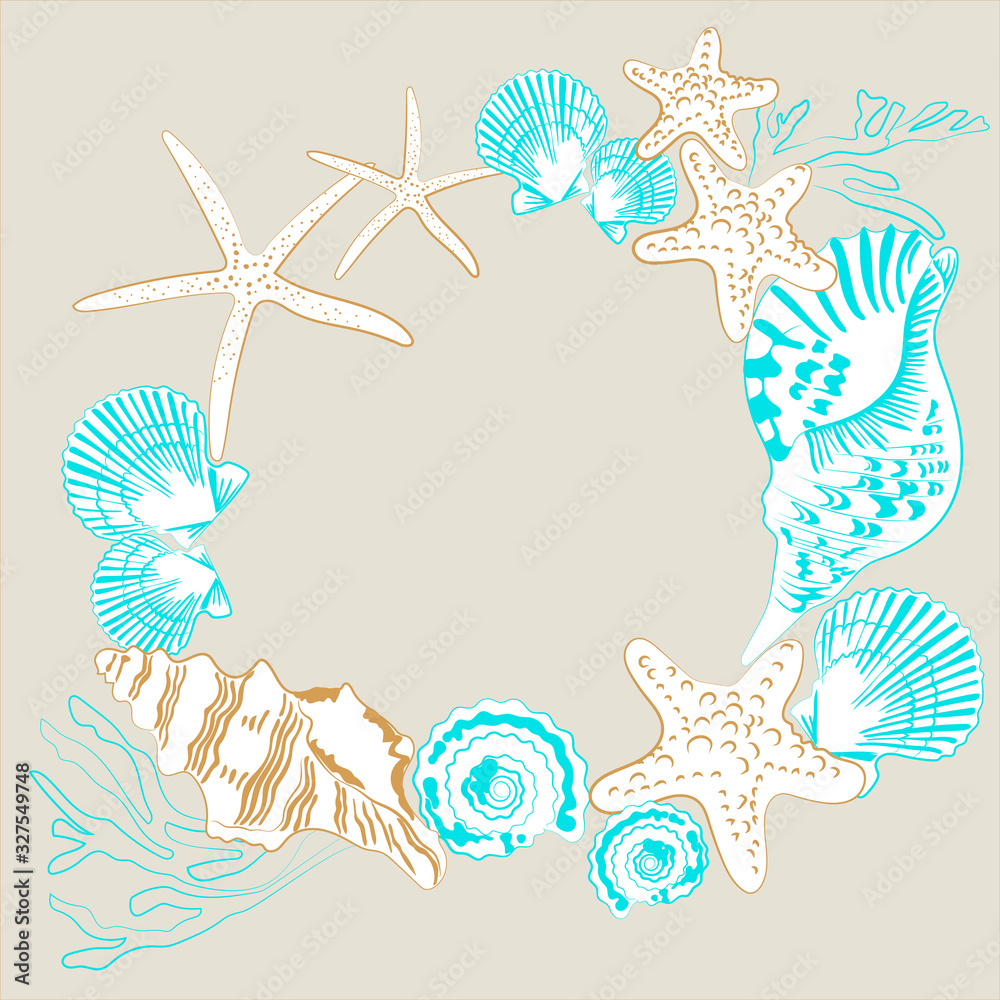 Frame of Sea shells. Hand drawn vector illustration in vintage style ...