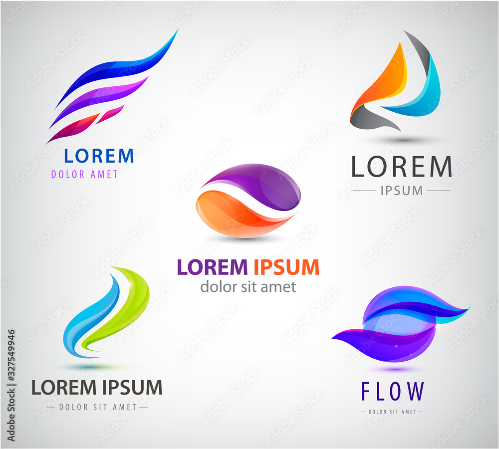 Vector set of abstract business logos. Flow, dual, 2 parts, unity ...
