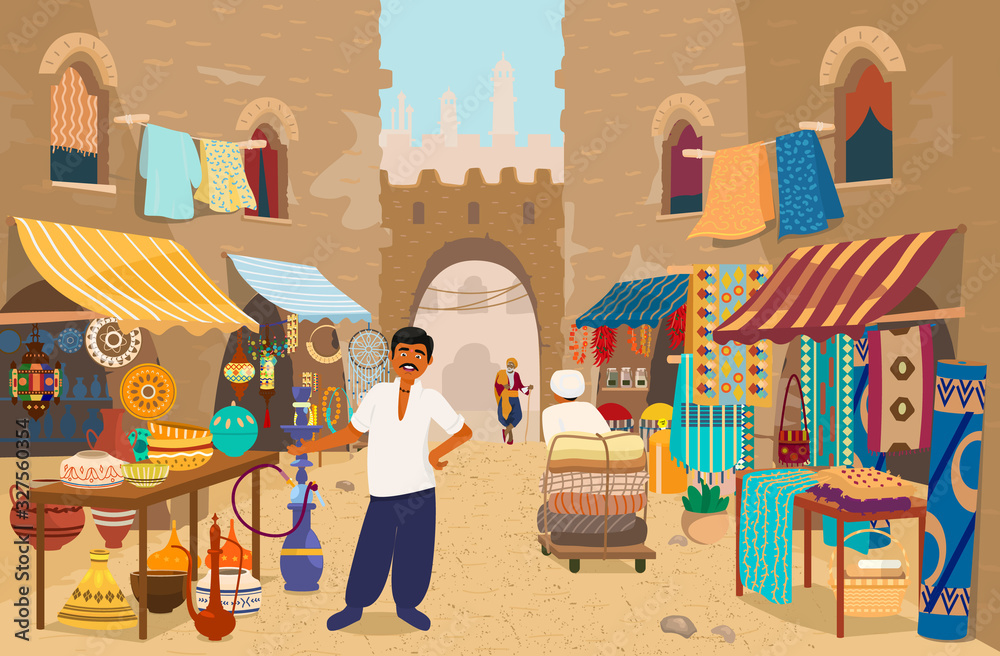 Vector illustration of Indian street bazaar with people and shops ...