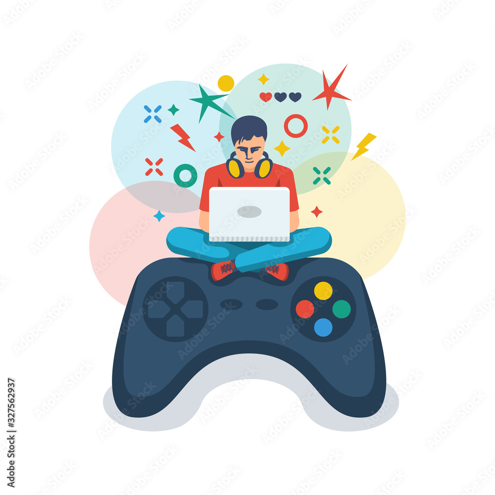 Video game, playing online. Gamer with a laptop sits on a big joystick ...