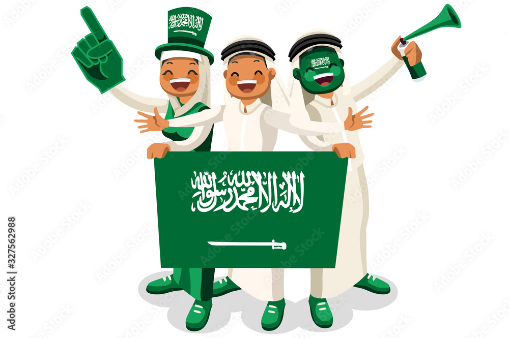 Crowd of persons celebrate national day of Saudi Arabia with a flag ...