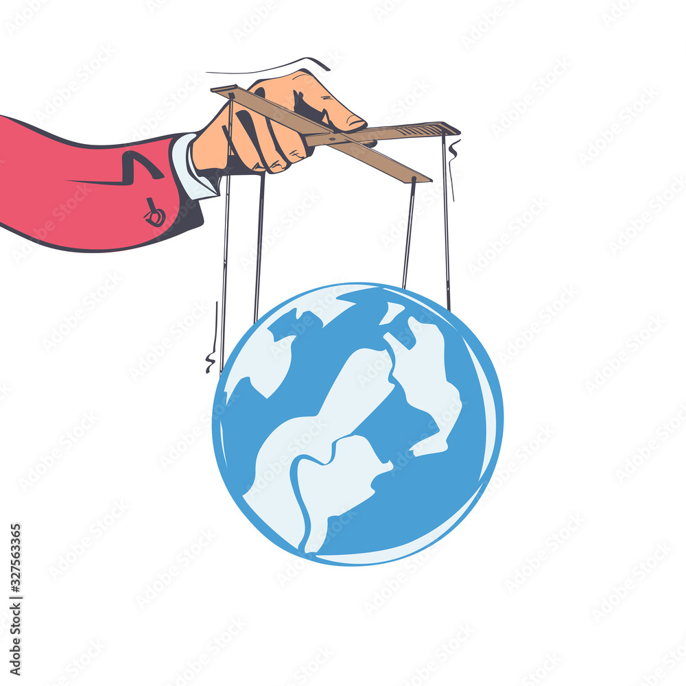 Planet control. Conspiracy theory. Man holds the planet on the ropes ...