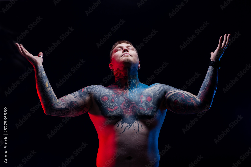 Hipster, bare-chested millennial young male body covered in tattoos ...