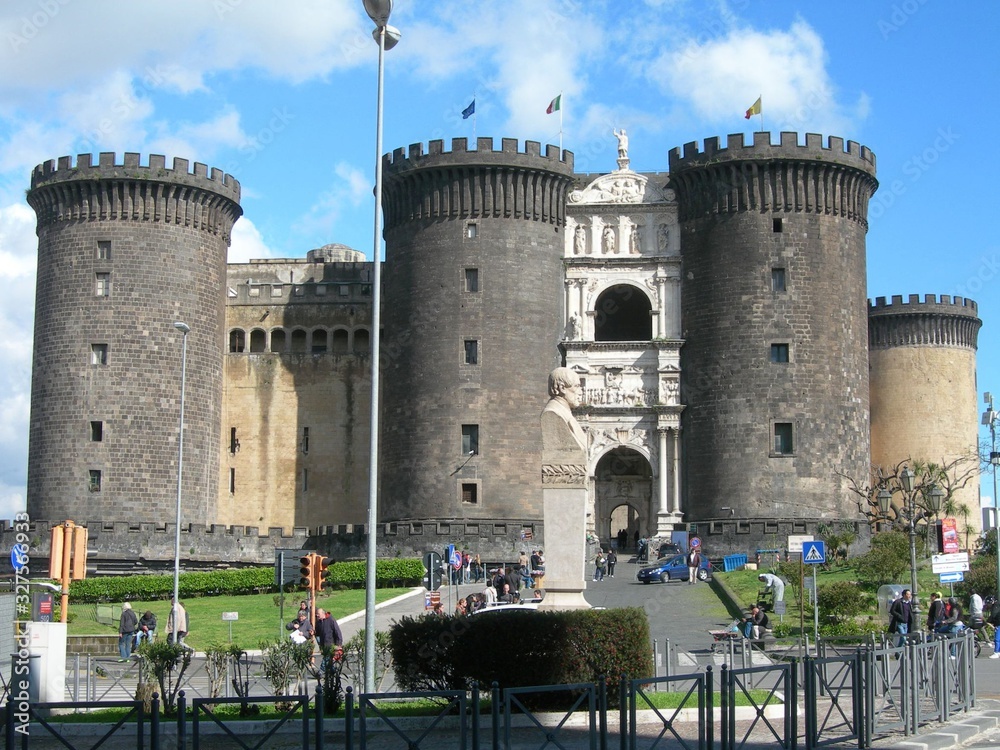 Naples - Maschio Angioino medieval castle facade with cylindrical ...
