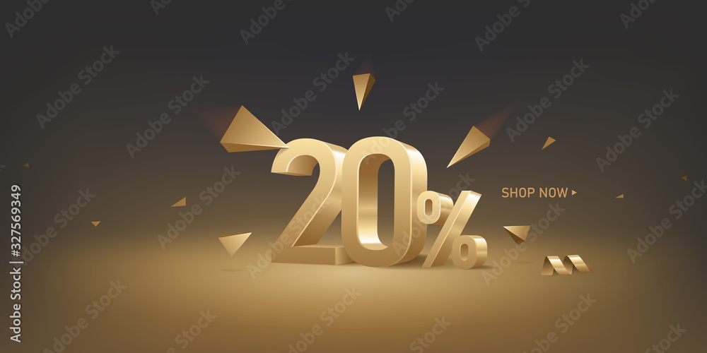 20 percent off discount sale background. 3D golden numbers with percent ...