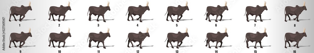 Bull walk cycle animation frames, loop animation sequence sprite sheet ...