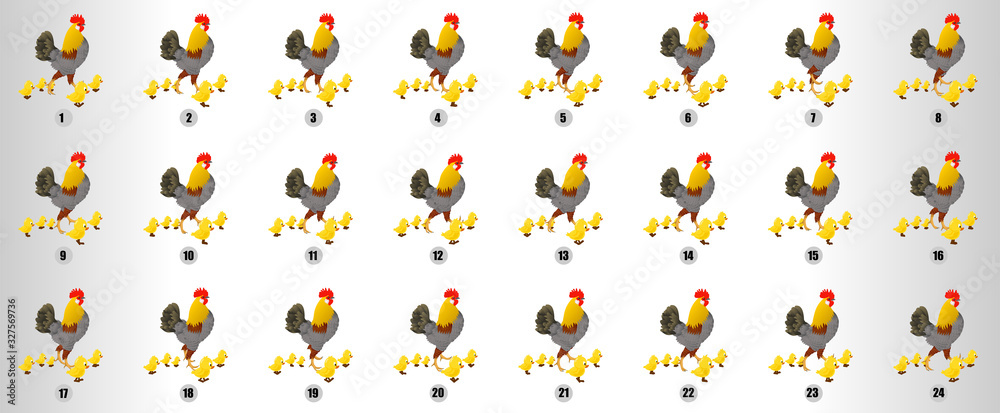 Hen Walk Cycle animation sequence with chiks, loop animation sprite ...