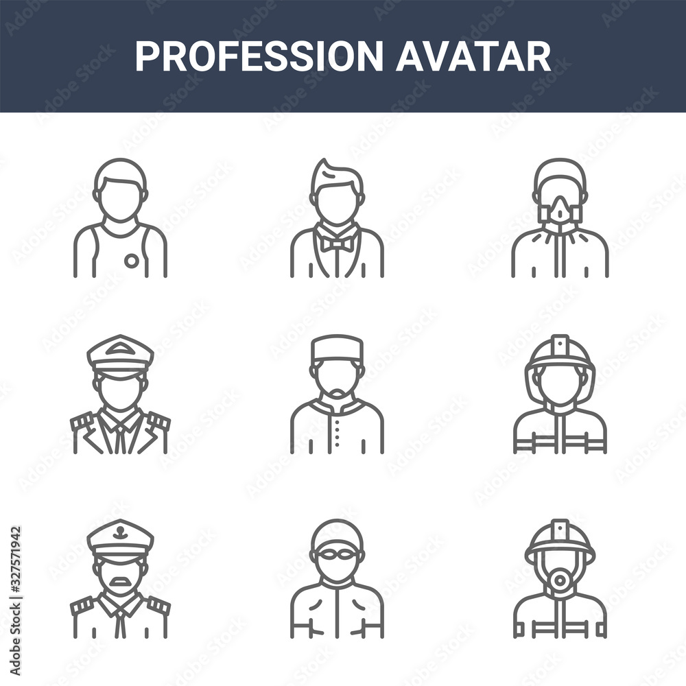 9 profession avatar icons pack. trendy profession avatar icons on white background. thin outline ...