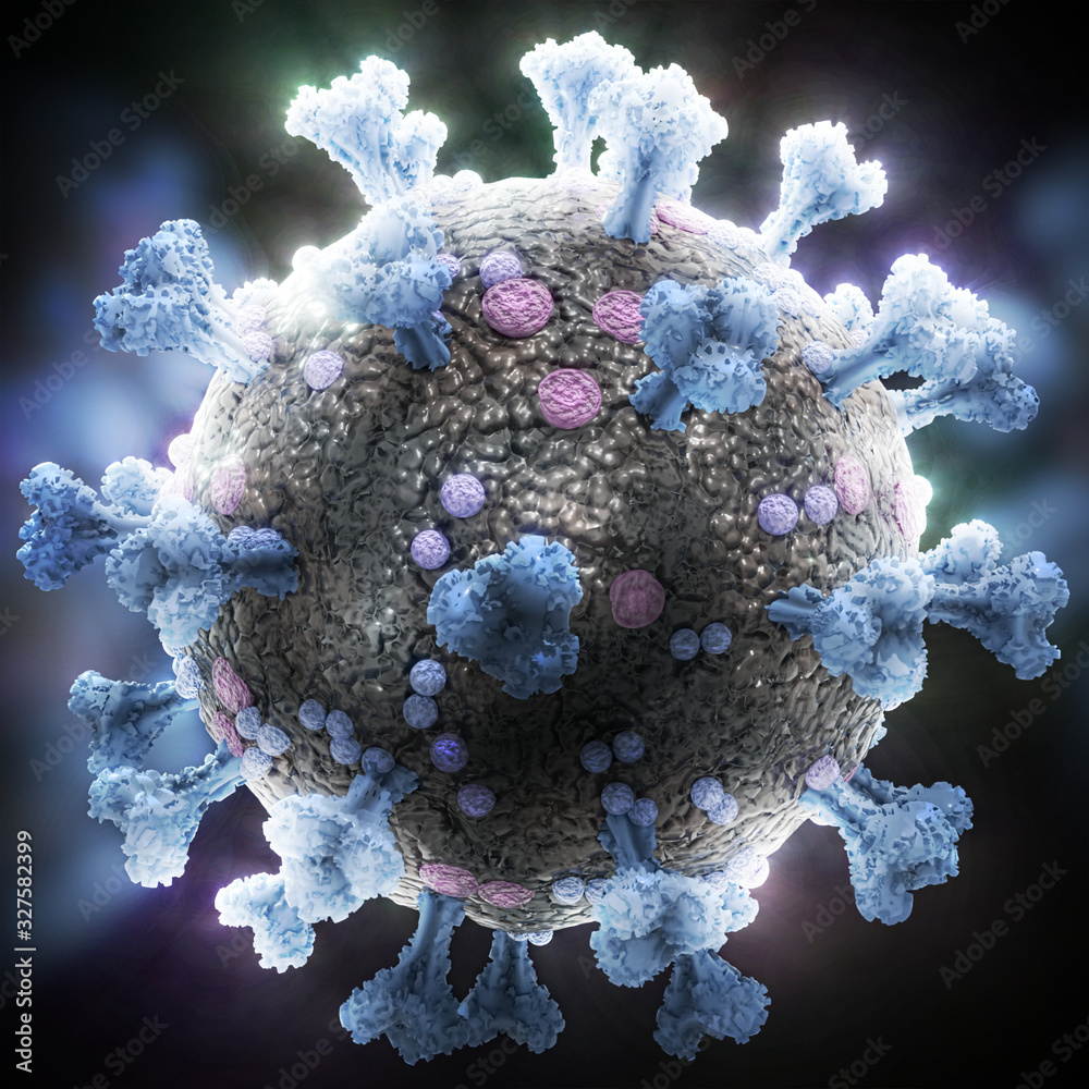 Microscopic view of Covid-19 (coronavirus, Sars-CoV-2) with all four ...