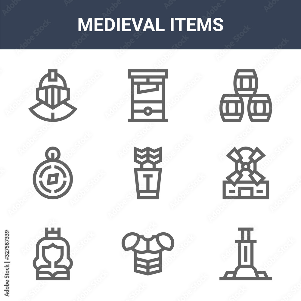 9 medieval items icons pack. trendy medieval items icons on white ...