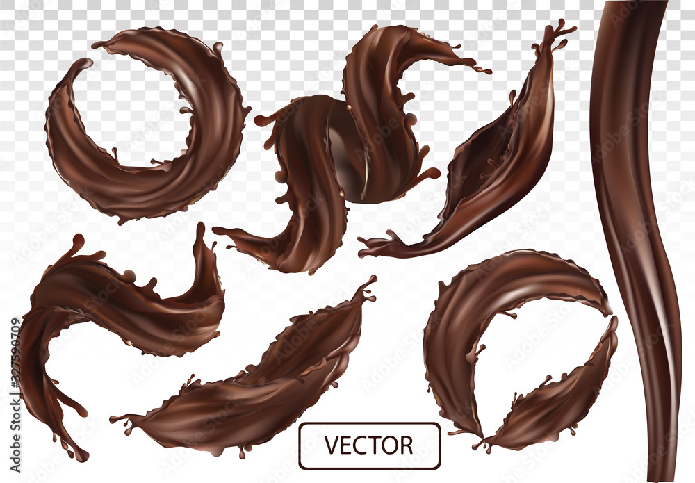 3D realistic splash of chocolate. Twisted dark chocolate with drop on ...