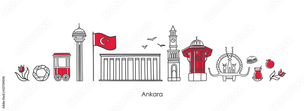 Vector illustration Ankara, Turkey. Famous Turkish landmarks in modern ...