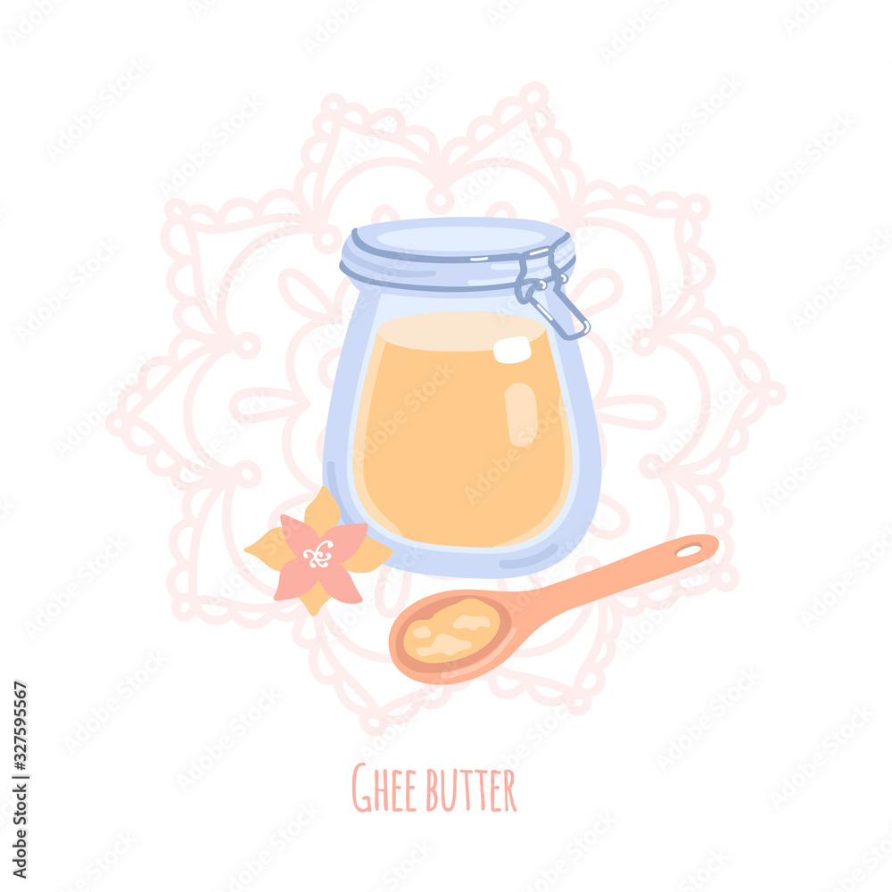 Ghee. Vector illustration of a glass jar with traditional Indian ghee ...
