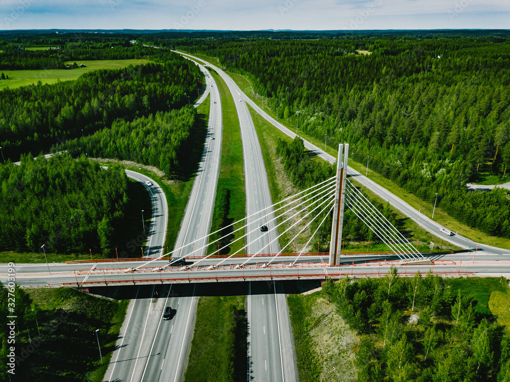 Foto de Aerial top view of cable-stayed Suspension bridge and Highway ...