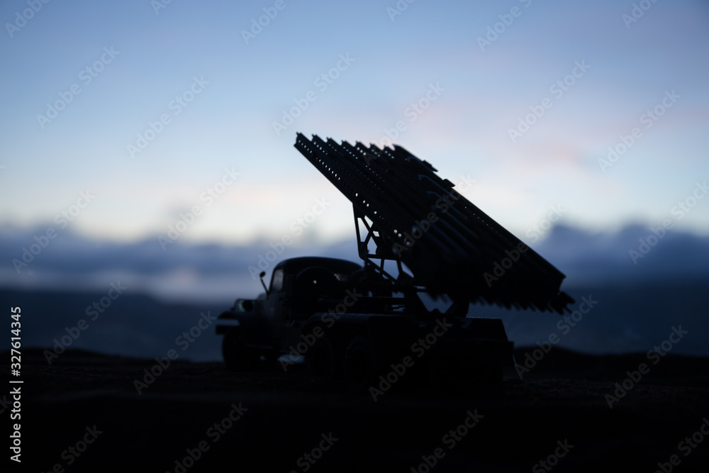 Battle scene with rocket Missiles with Warhead Aimed at Gloomy Sky at ...