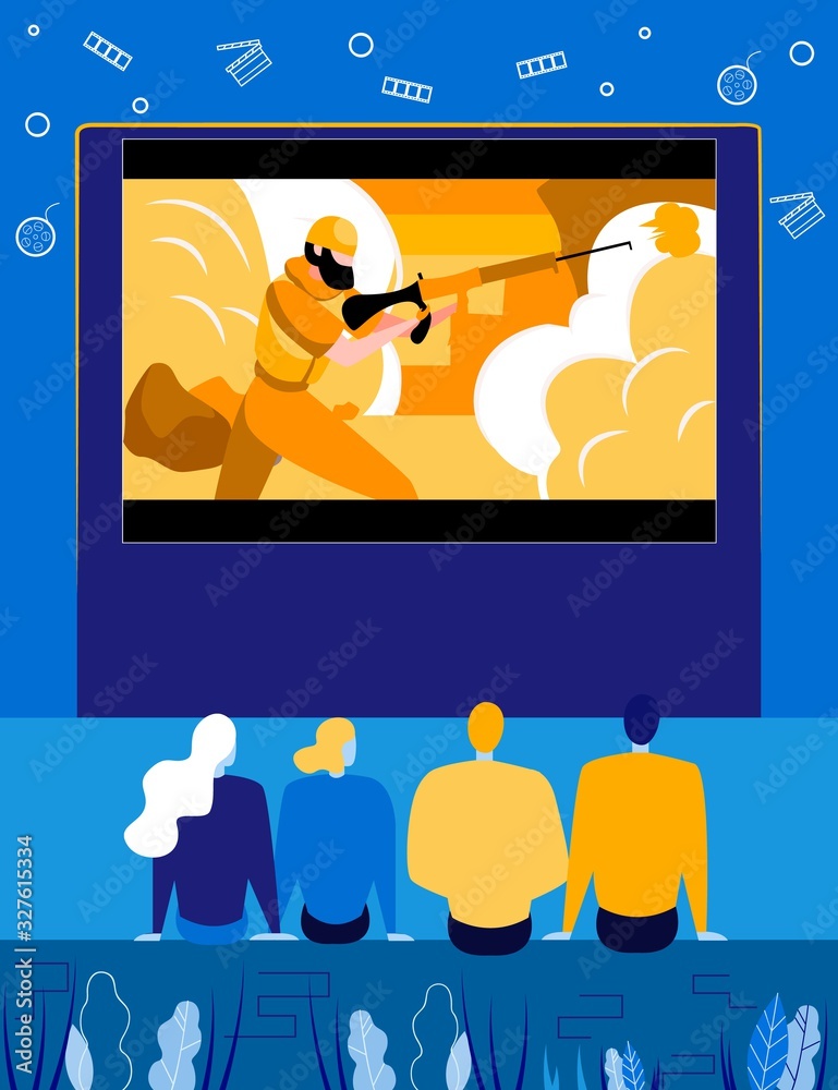 People Watching Action Film on Giant Screen in Open Air Cinema Theater ...