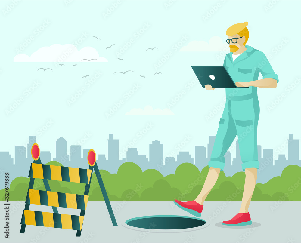 Cartoon Man Character Walking with Laptop. High Risk to Fall in Sewer ...