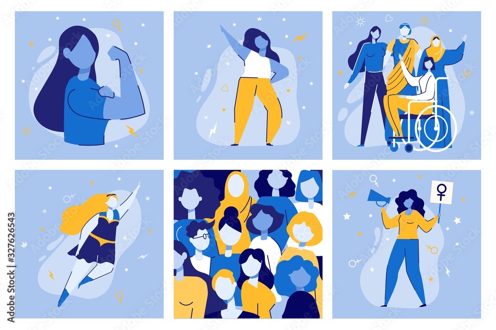 Girl Power Vector Illustration Set. Cartoon Women Together. Woman ...