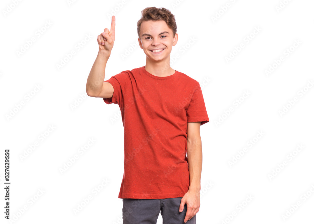 Portrait of happy teen boy showing one palm - 1 finger, isolated on ...