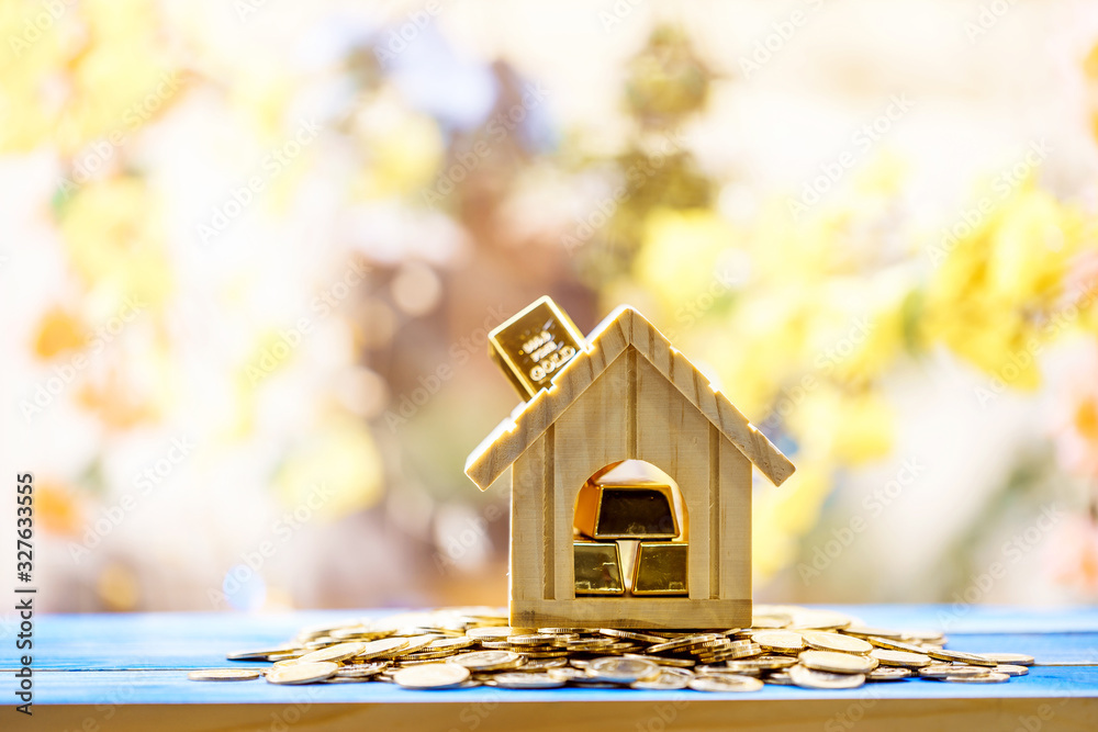 Home model and gold bar put on the coins on sunlight in the public park ...