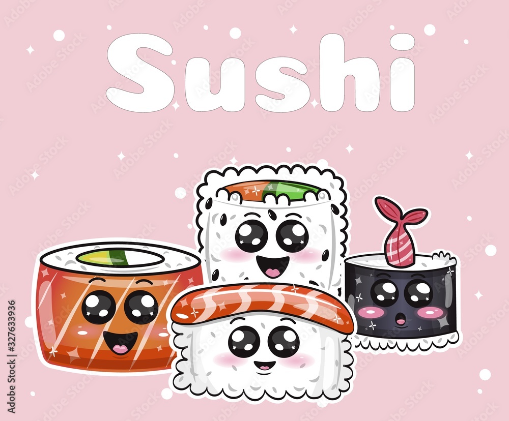 Kawaii Sushi with Happy Faces Flat Cartoon Banner Vector Illustration ...