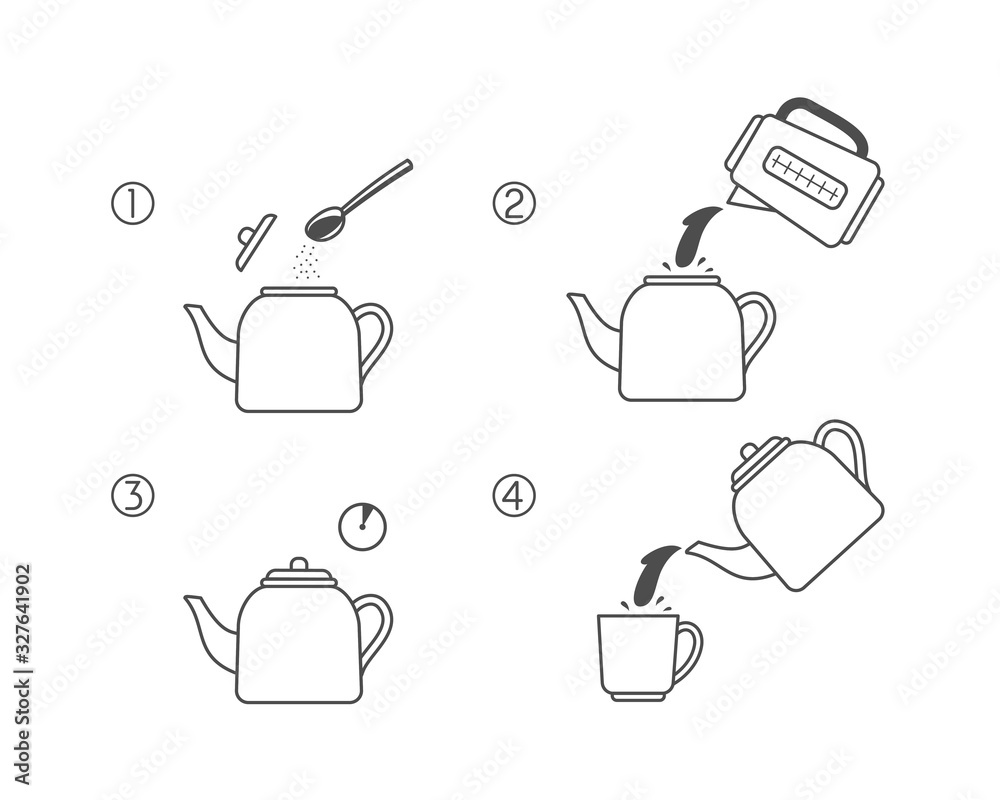 Steps how to cooking tea in teapot. Line vector elements on a white ...