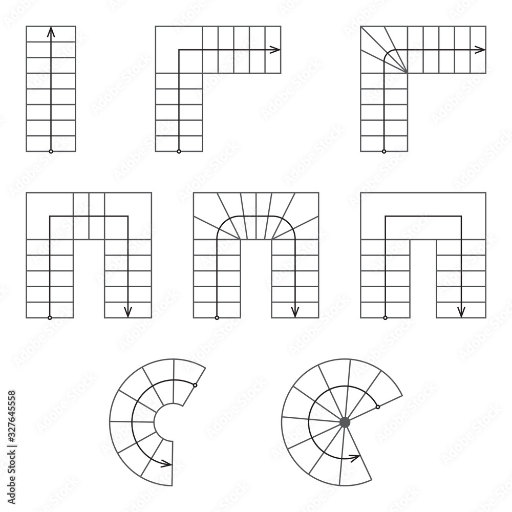A set of eight types of stairs. Schematic images of stairs in a drawing ...