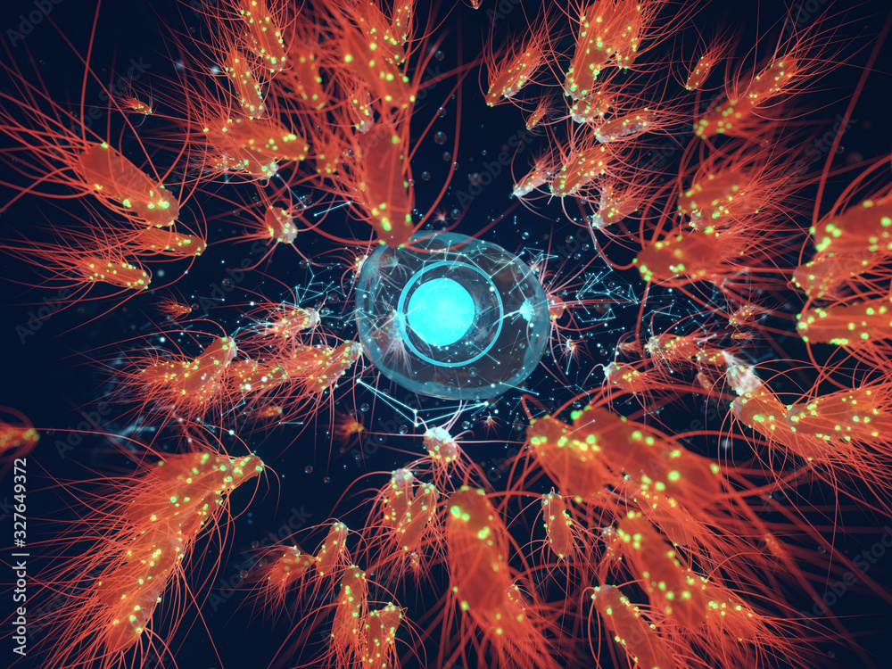 Viral bacteria attack a healthy cell. Under the microscope. Stock ...