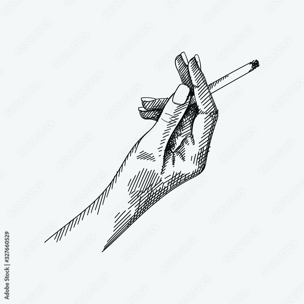 Hand-drawn sketch of a woman hand holding a cigarette on a white ...