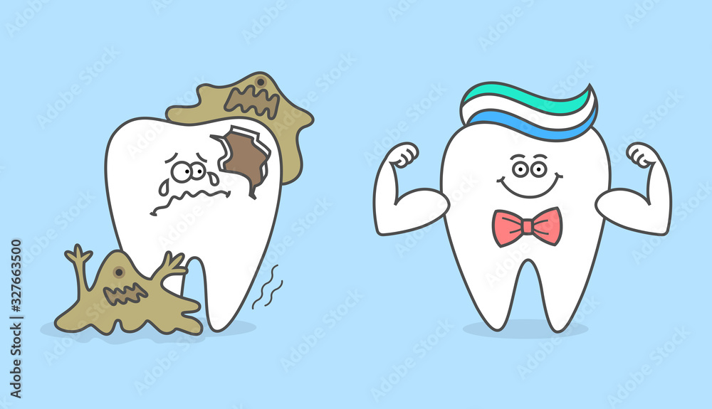Vetor de Healthy cartoon tooth with toothpaste and decayed tooth with ...
