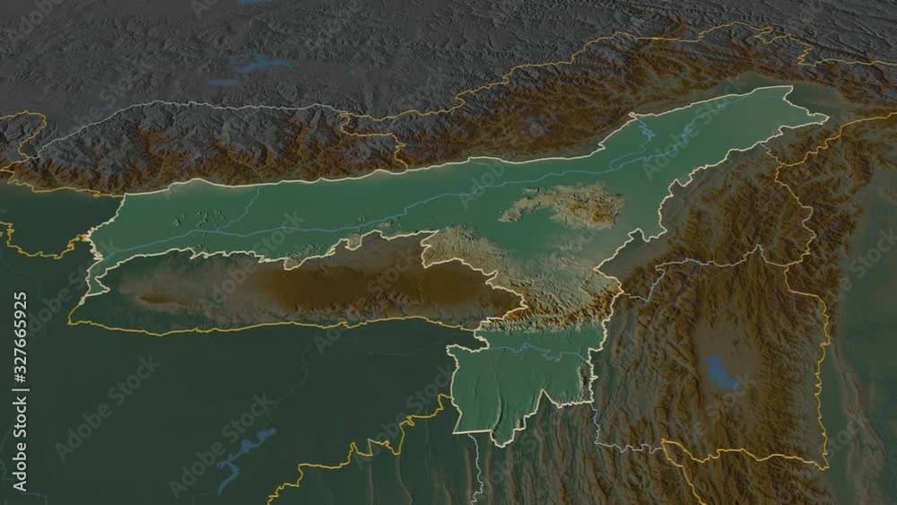 Assam, state with its capital, zoomed and extruded on the relief map of ...