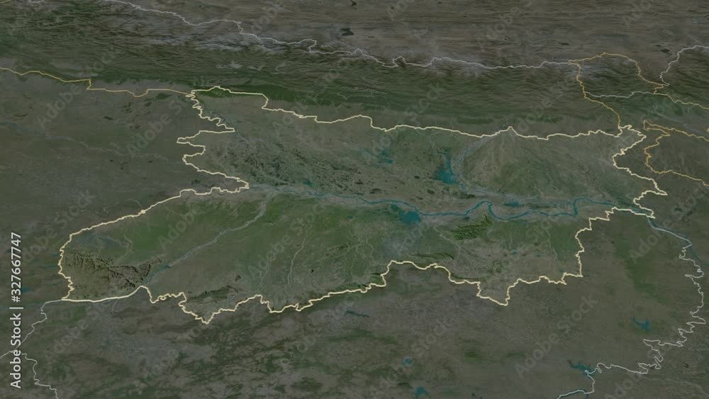 Bihar, state with its capital, zoomed and extruded on the satellite map ...