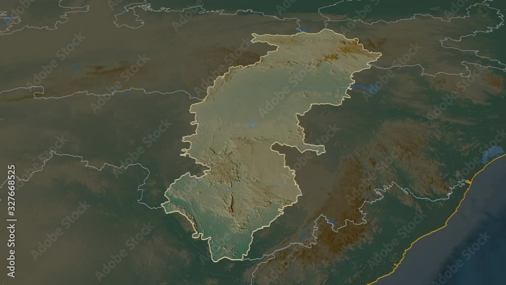 Chhattisgarh, state with its capital, zoomed and extruded on the relief ...