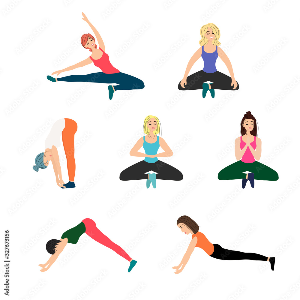 Collection of girls in sitting yoga poses isolated on a white ...