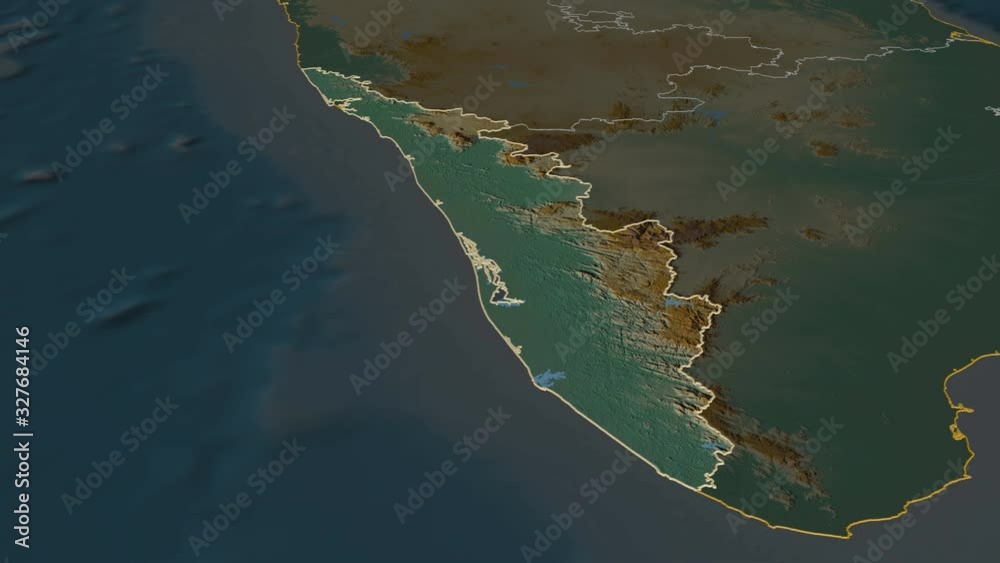Kerala, state with its capital, zoomed and extruded on the relief map ...