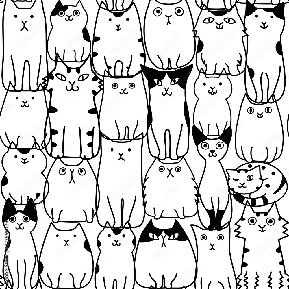 Cat seamless pattern, line drawing Stock Vector | Adobe Stock